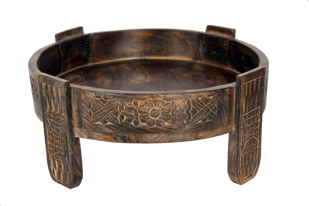 Wooden Round Carving Coffee Table Grinder Table indian Food - Etsy