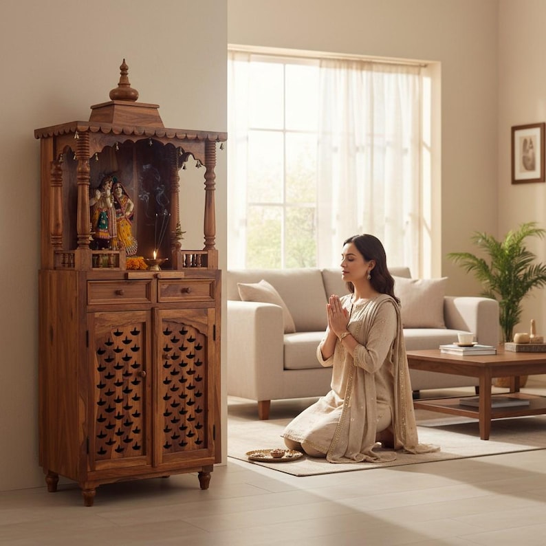 Wooden Pooja Mandir With Intricate Design and Storage Cabinet Solid ...