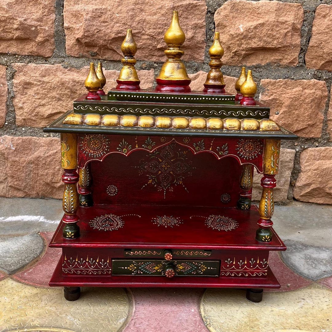 Wooden Temple | Painted Pooja Mandir Wall Desk Storage, Indian Hindu ...