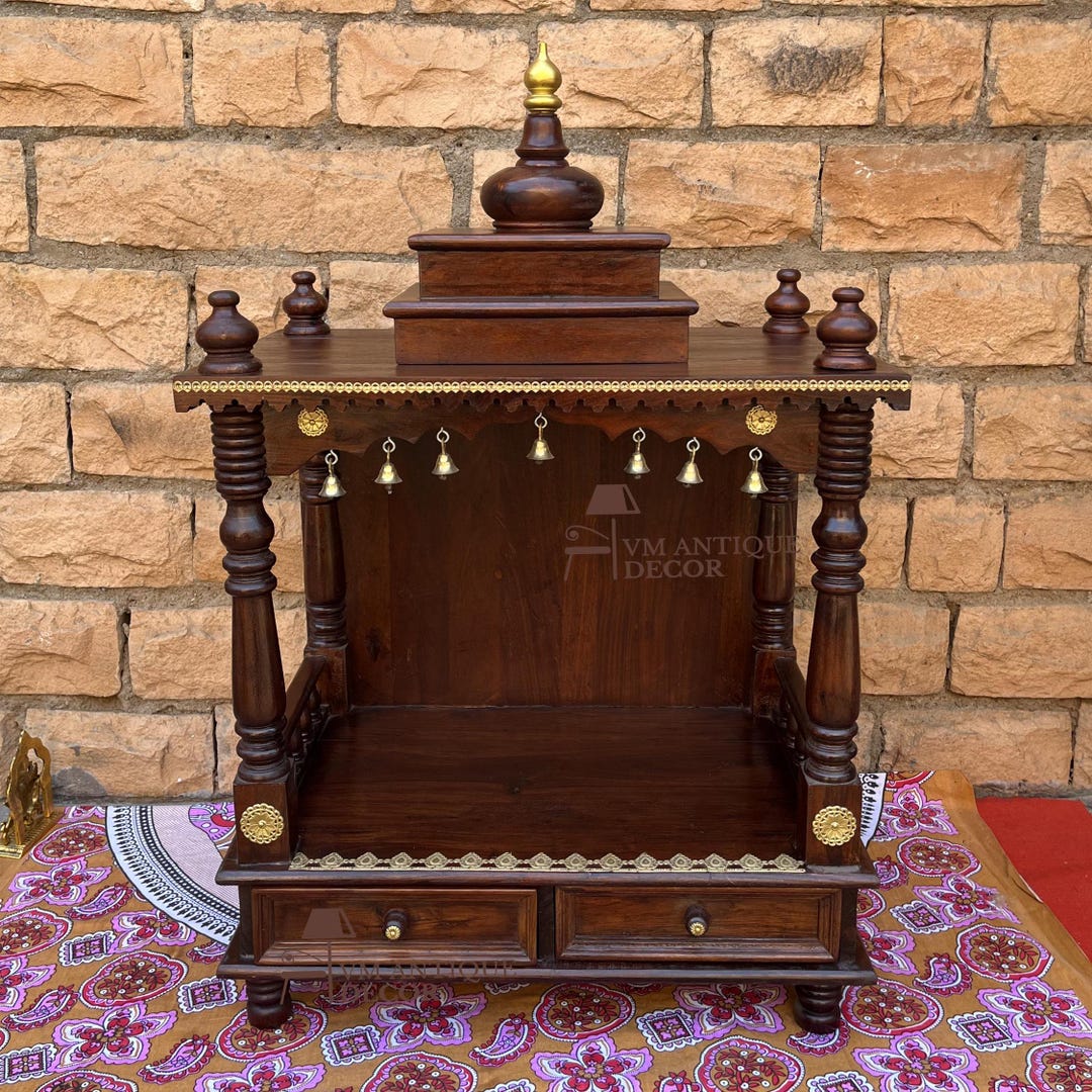 Wooden Pooja Temple With Bells Mandir Desk Storage -religion Temple ...