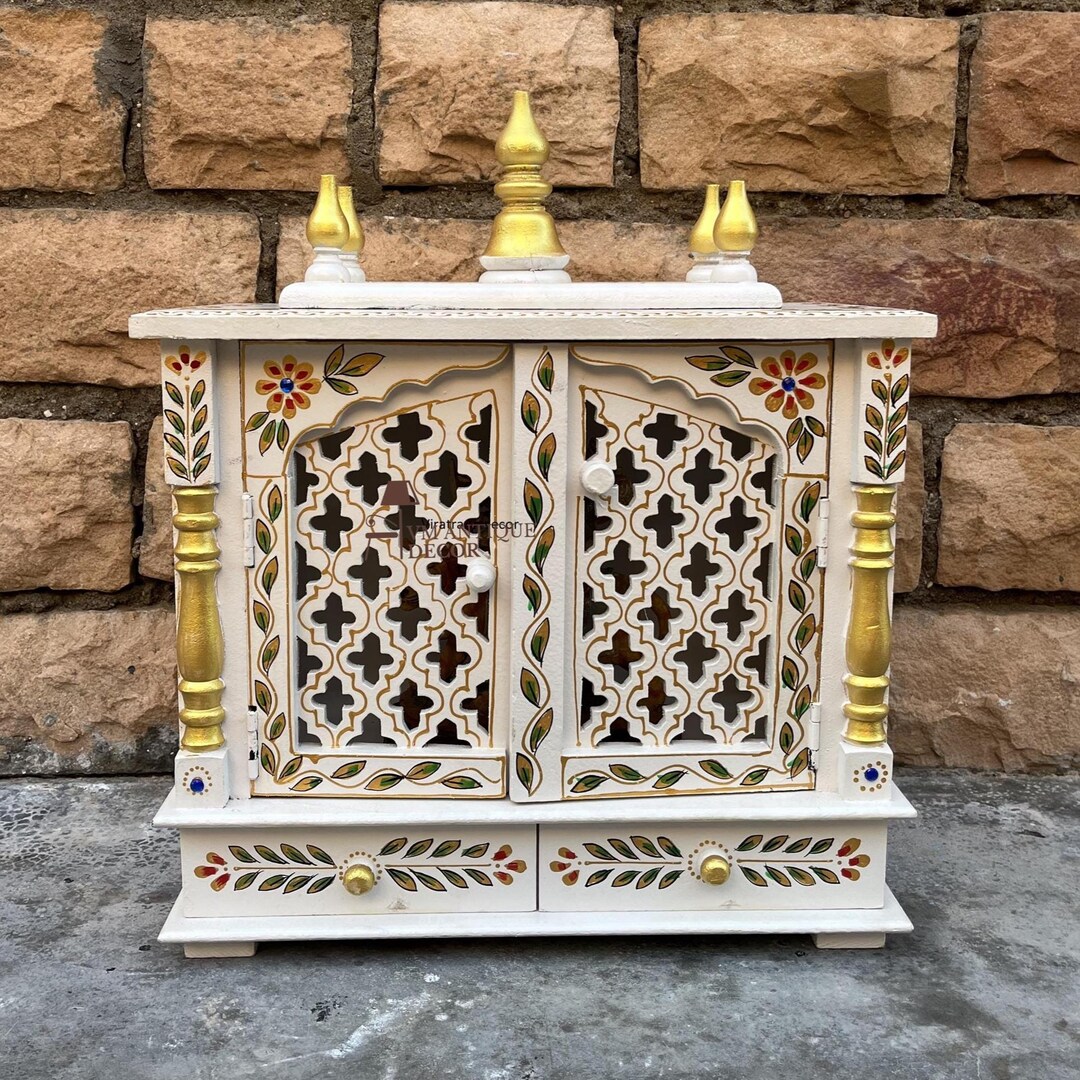 Wooden Temple, Indian Painted Wall Mandir Pooja Stand With Drawers Desk ...