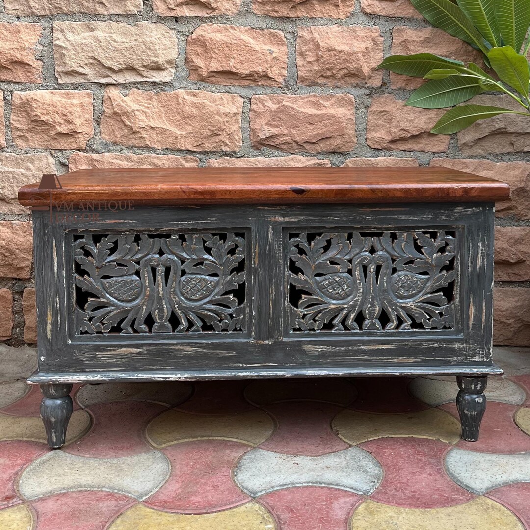 Hand-carved Wooden Trunk With Peacock | Indian Storage Chest | Coffee ...