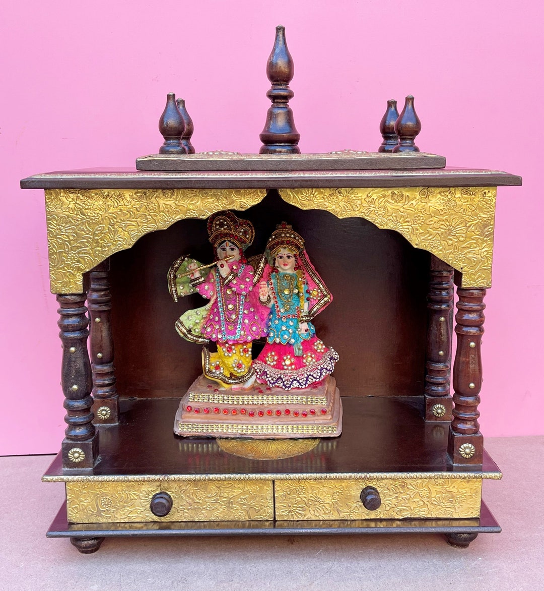 Wooden Wall Brass Mandir Pooja Religion Temple With 2 Drawers With ...