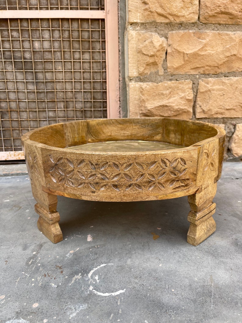 Wooden Round Side Central Coffee Table India Carved Chakki - Etsy