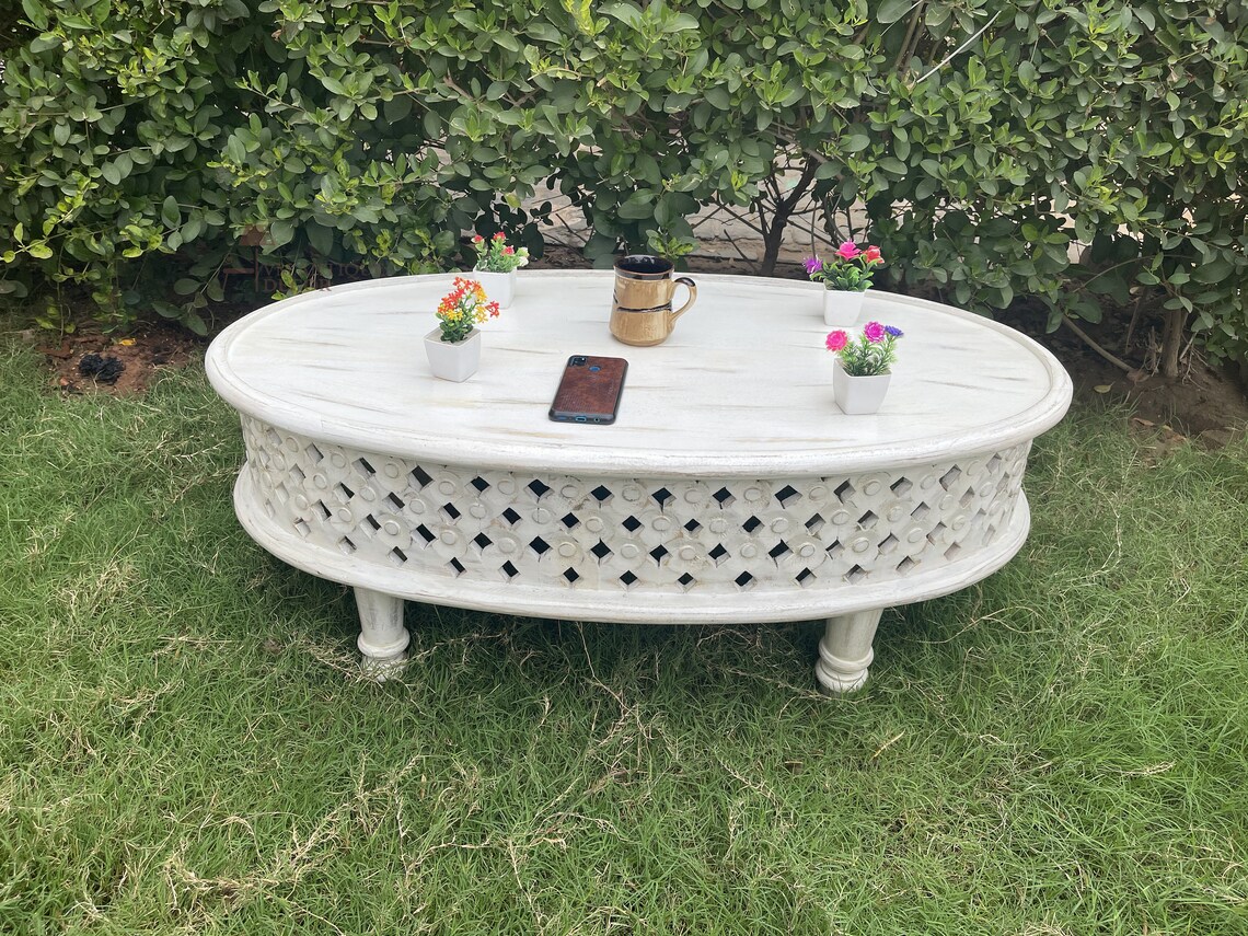 Wood White Distressed Oval Tribal Coffee Tableindian Carved - Etsy