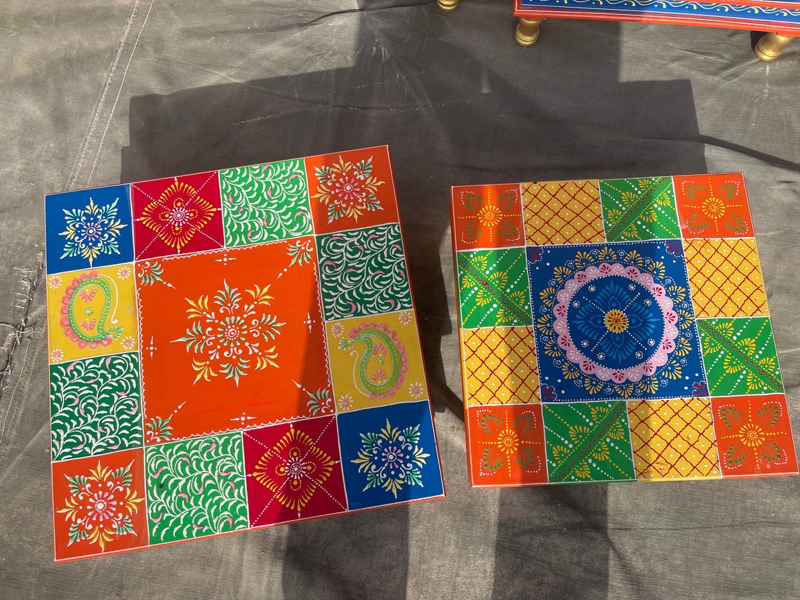 Indian Handpainted Chowki Bajot Table Pair2 indian Religious - Etsy