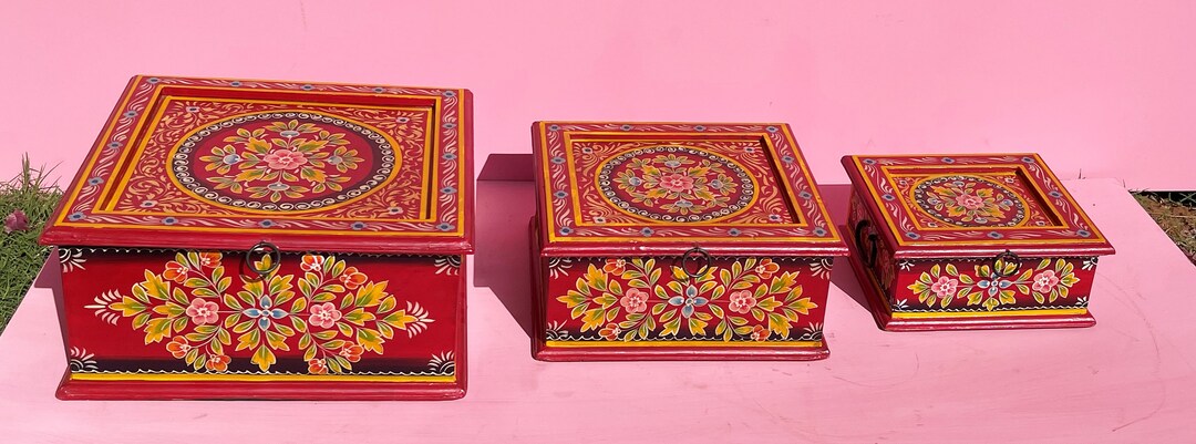 Handmade Crafts Wooden Box Set of 3 Pcs Hand Painted Wooden Box Storage ...