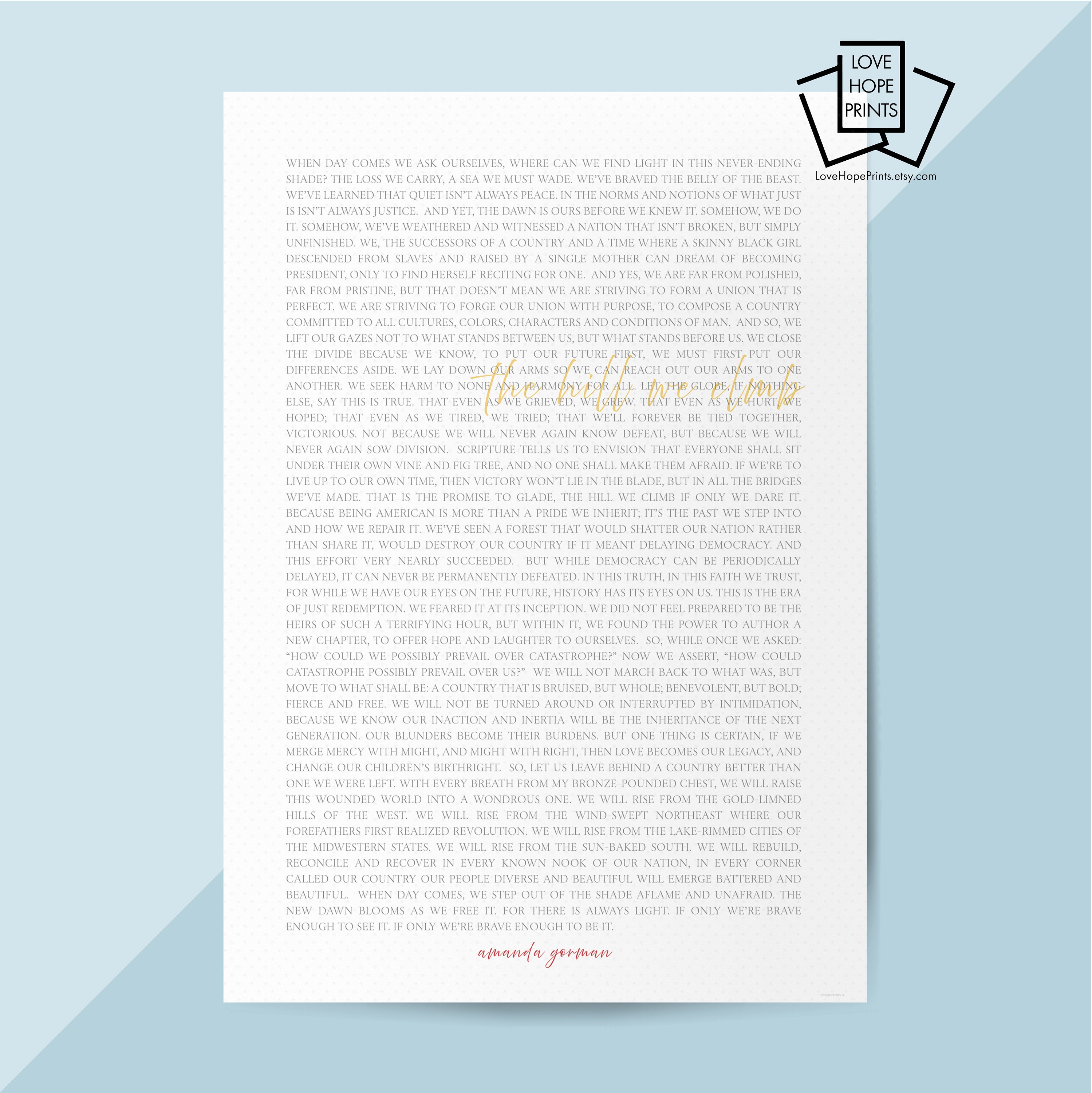 Amanda Gorman Quote Poster Inauguration 2021 Full Poem the Hill We ...