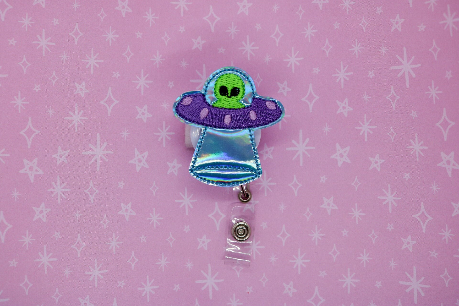 Badge Reel Holographic Alien In UFO Retractable ID Holder | Etsy