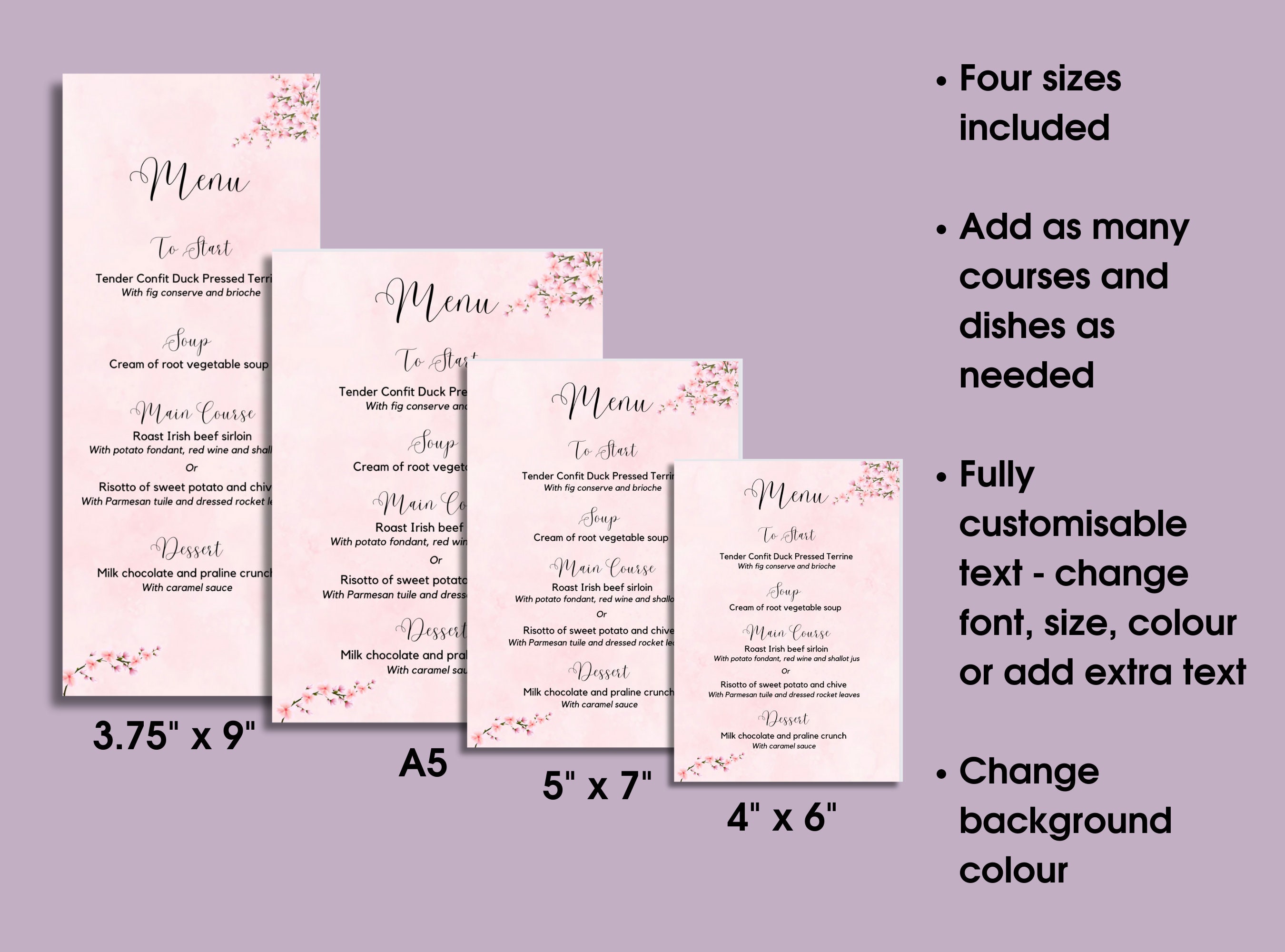Cherry Blossom Digital Wedding Menus A5, 5 X 7, 4 X 6 and 3.75 X 9 ...