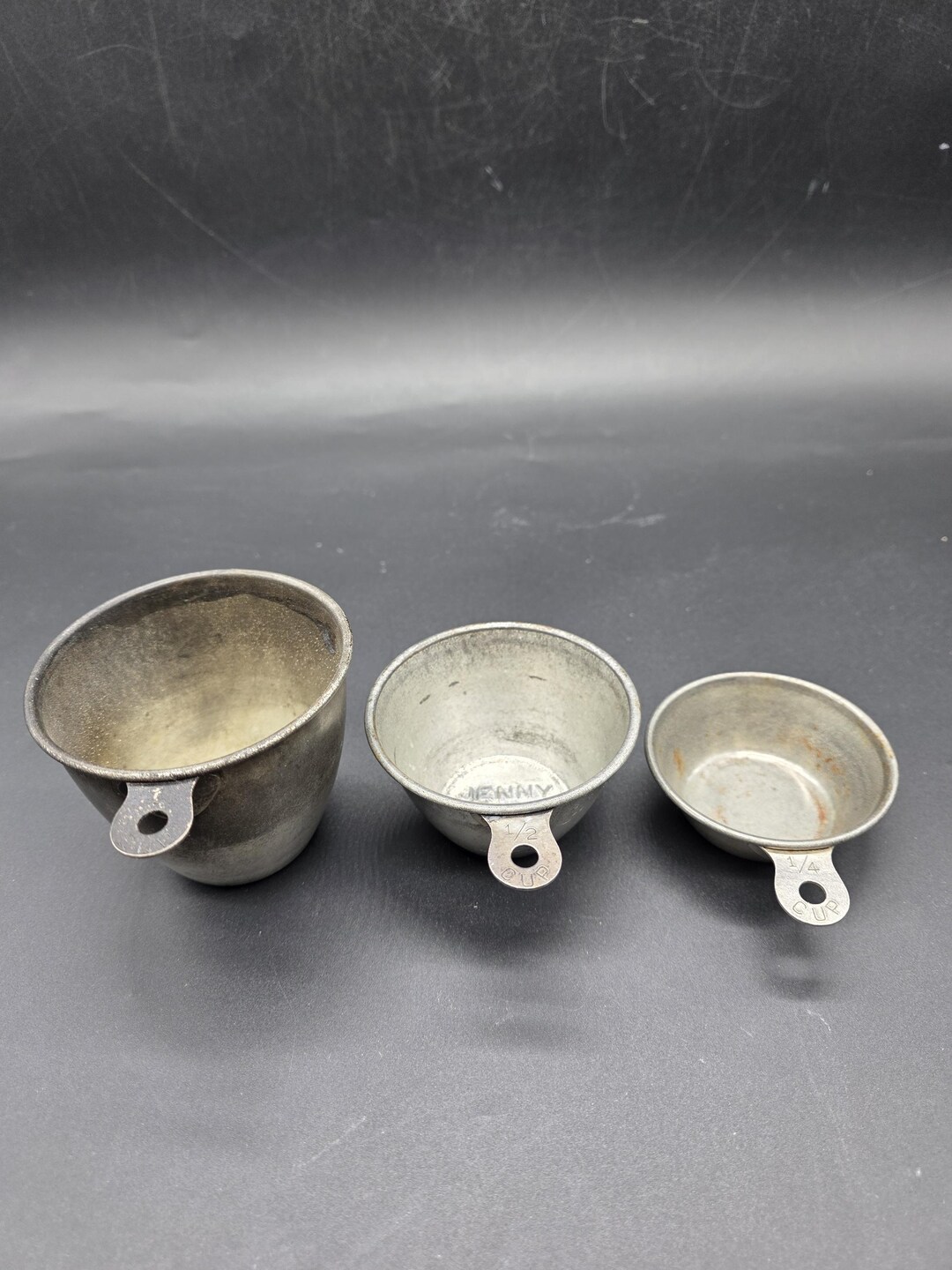 Set of Three Vintage Metal Measuring Cups, Old Measuring Cups, Tin ...