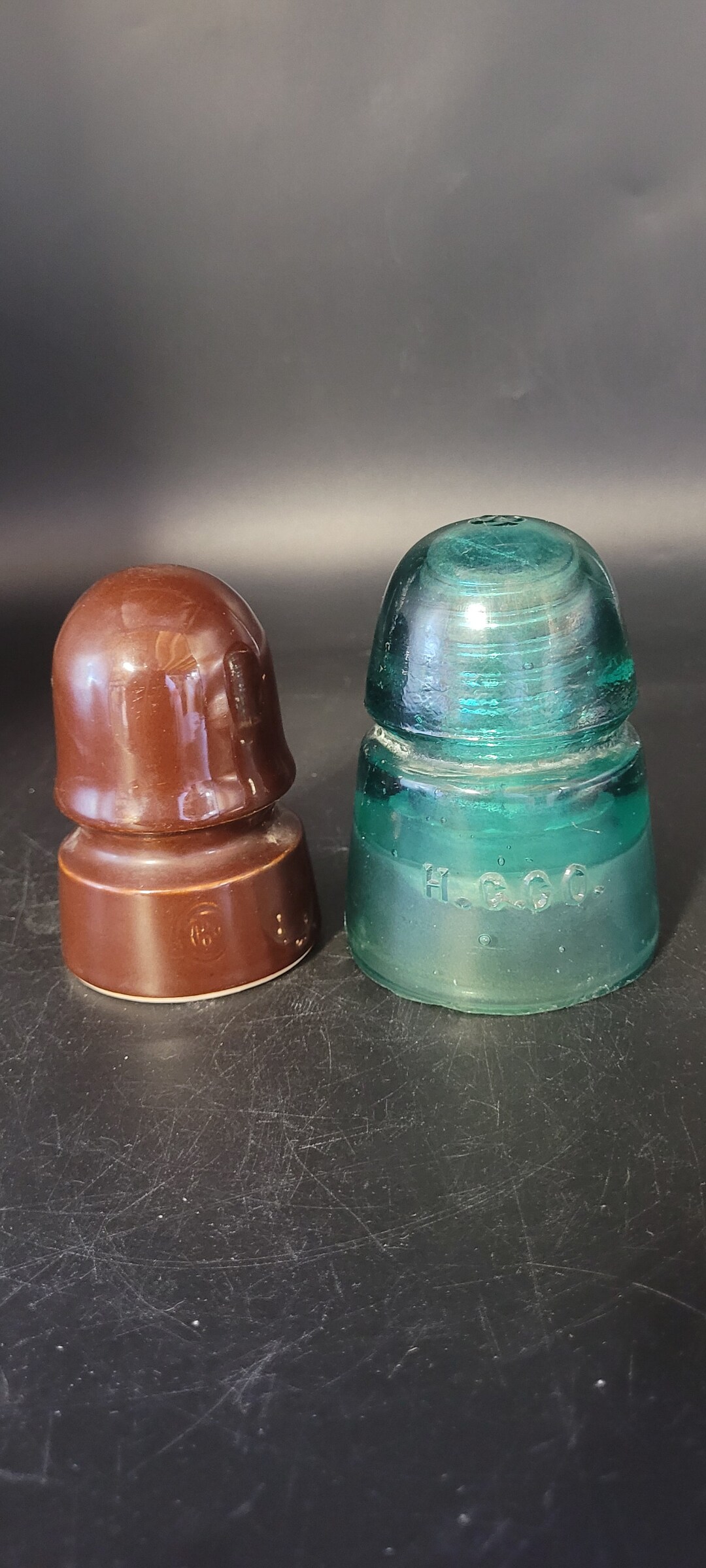 Vintage Brown Ceramic and Blue Glass Insulators, Vintage Threaded ...