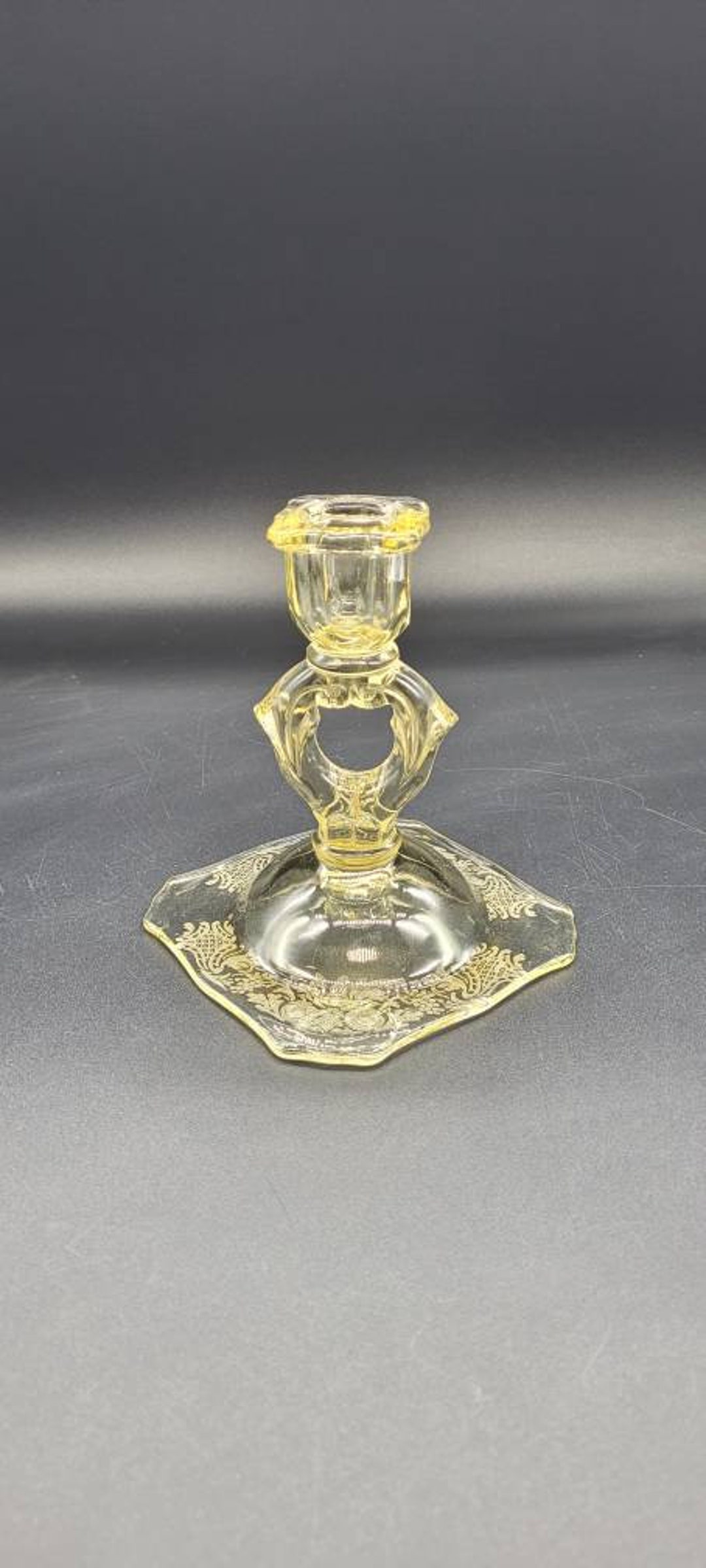 Vintage Paden City Etched Yellow Glass Candlestick Holder, Vintage ...
