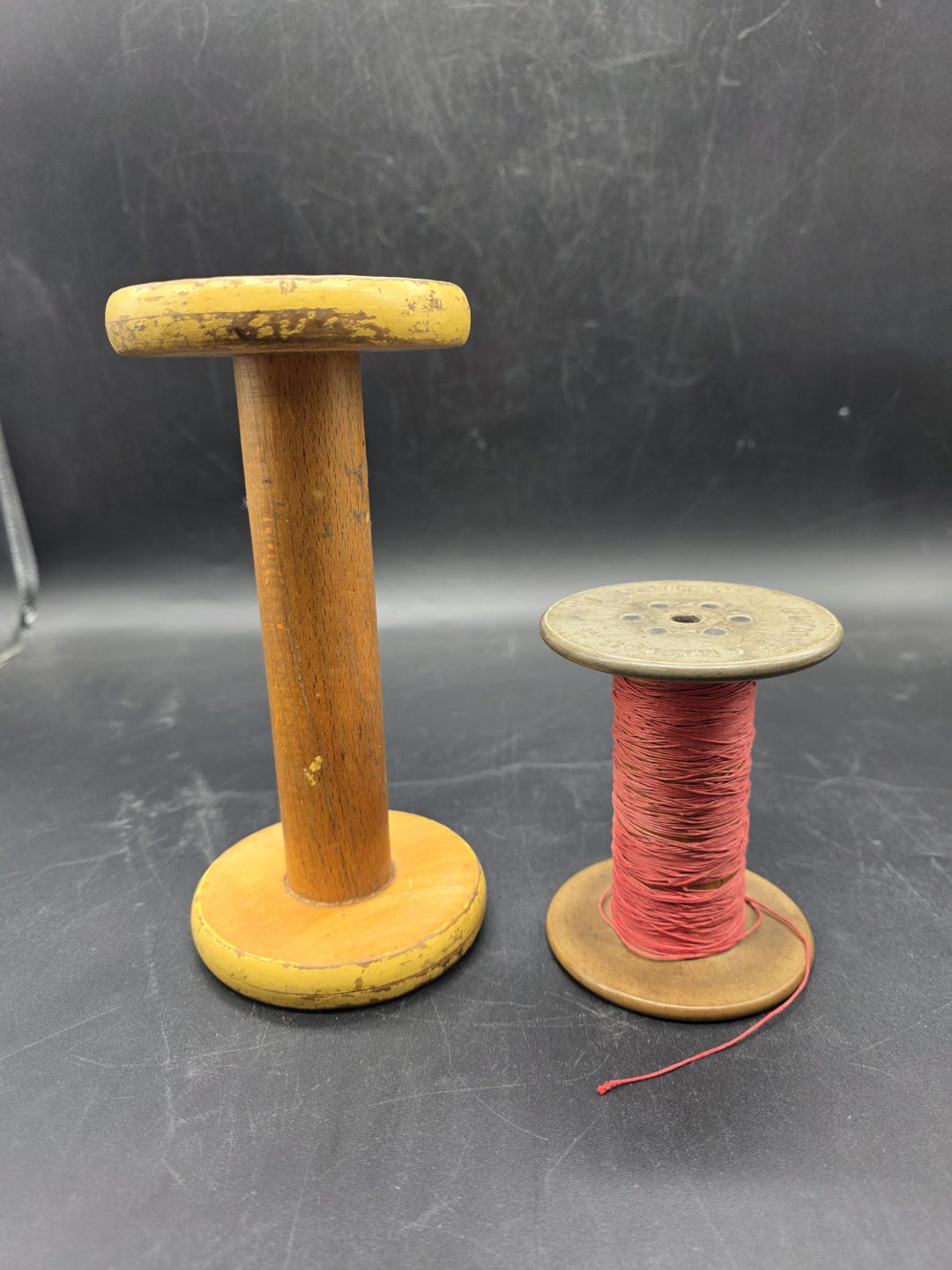 Wooden Industrial Spool and Plastic Industrial Spool, Vintage Thread ...