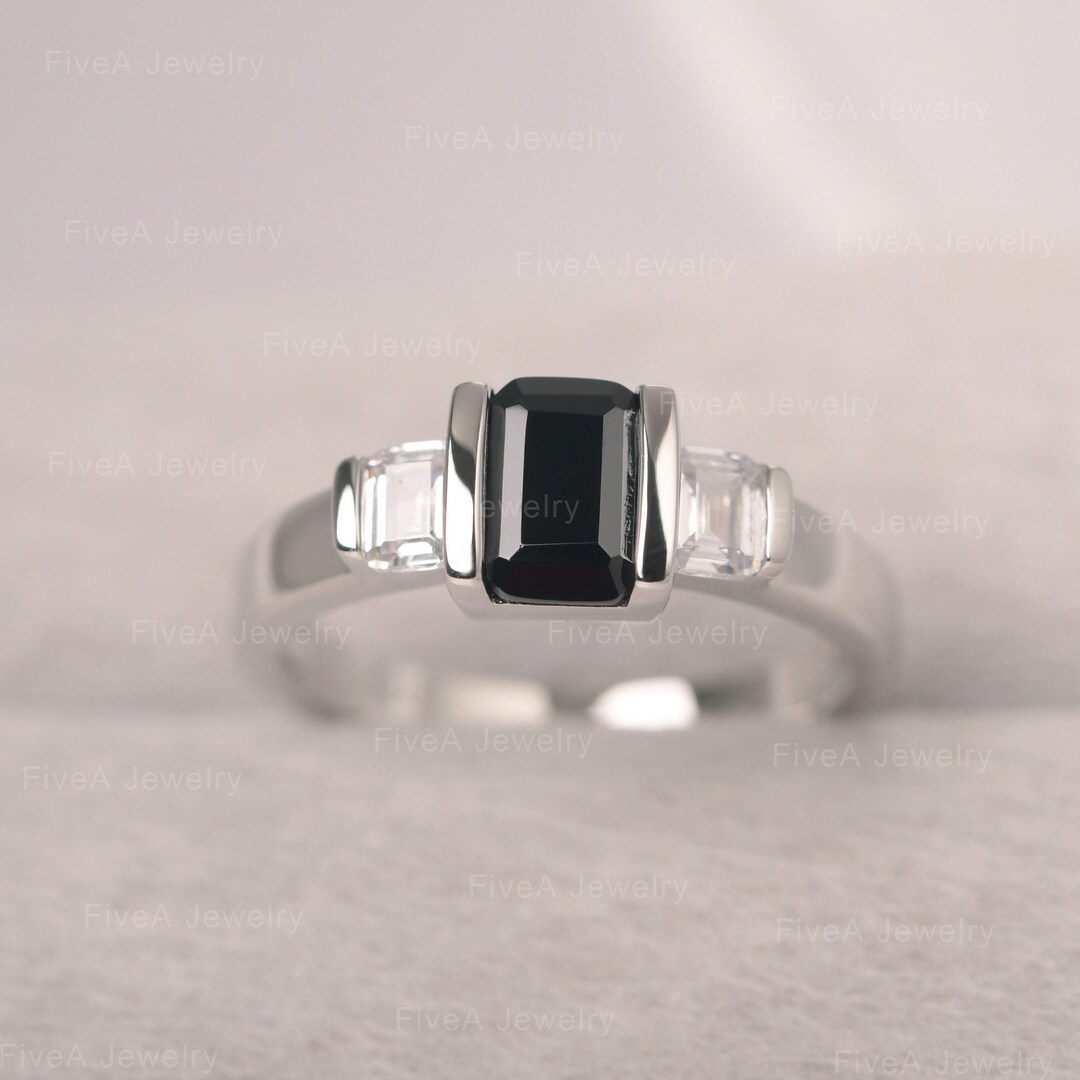 Black Spinel Ring Sterling Silver Half Bezel Setting Ring Three Stone ...
