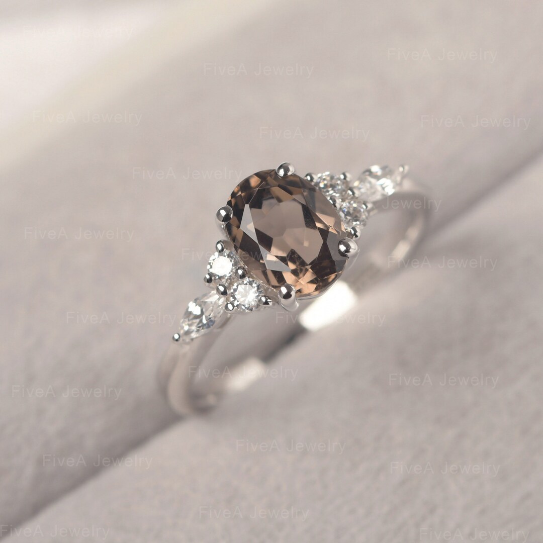 Smoky Quartz Ring Oval Cut Brown Stone Ring Silver 925 Multi-stone Ring ...