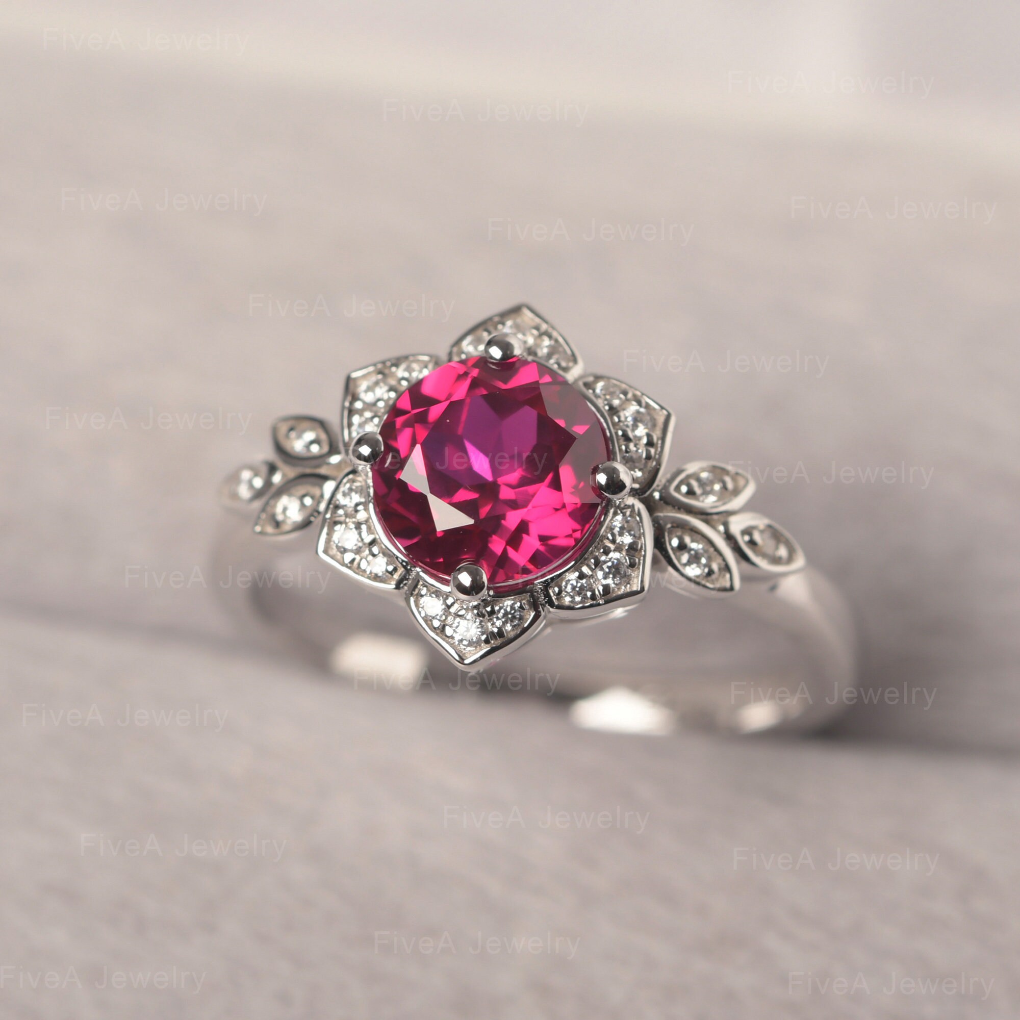Red Ruby Flower Engagement Ring Round Cut July Birthstone Ring - Etsy