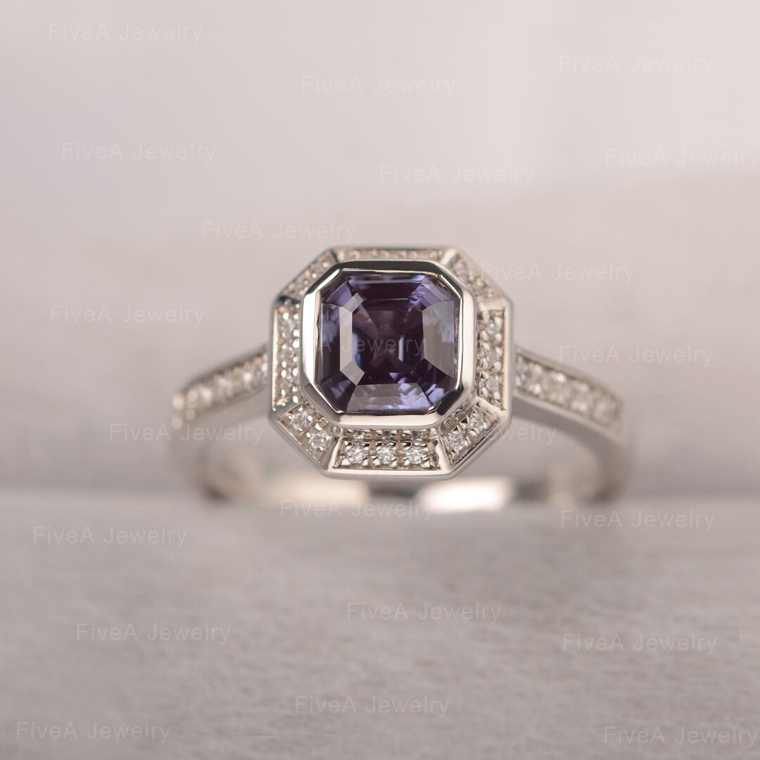 Asscher Cut Alexandrite Ring for Women Bezel Setting Silver Halo ...