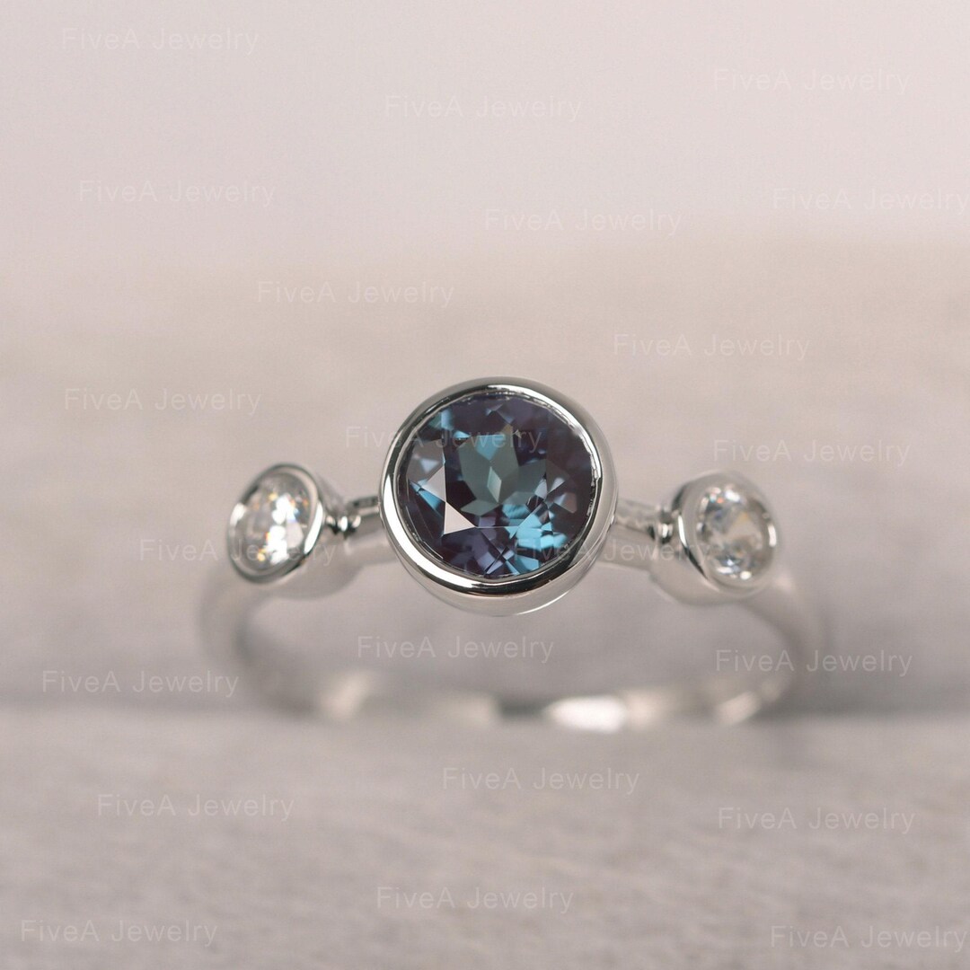 Lab Alexandrite Ring Round Cut Bezel Setting Ring Three Stone ...