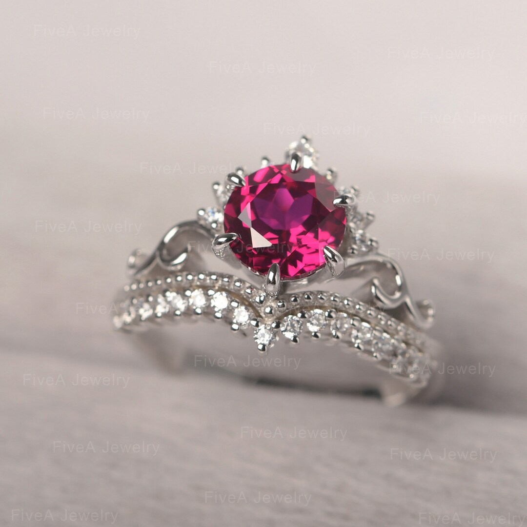 Crown Princess Ruby Ring July Birthstone Ring Round Cut Half Eternity ...