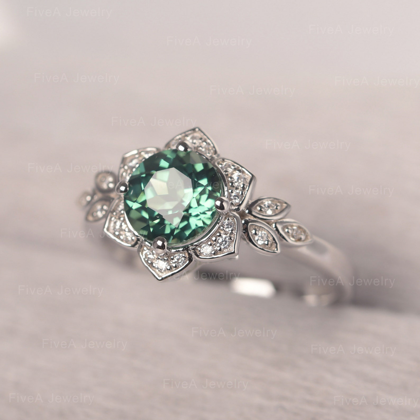 Lab Green Sapphire Flower Engagement Ring White Gold Round Cut - Etsy