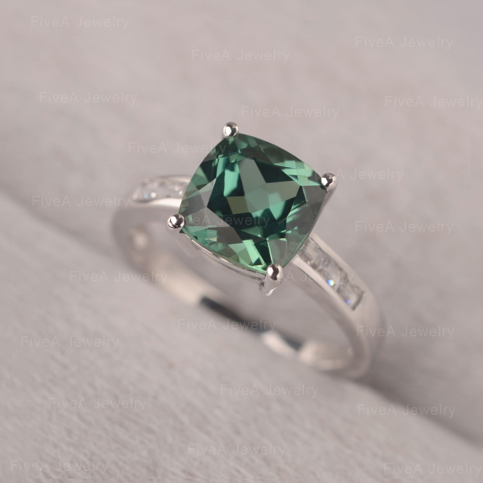 Lab Green Sapphire Ring Cushion Cut Channel Set Engagement - Etsy
