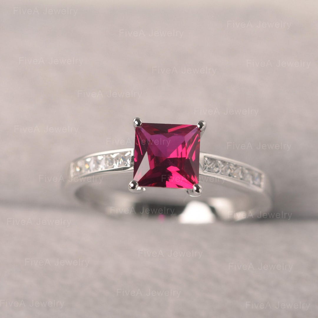 Lab Rubin Ring Princess Cut Juli Birthstone Channel Setting Ring ...