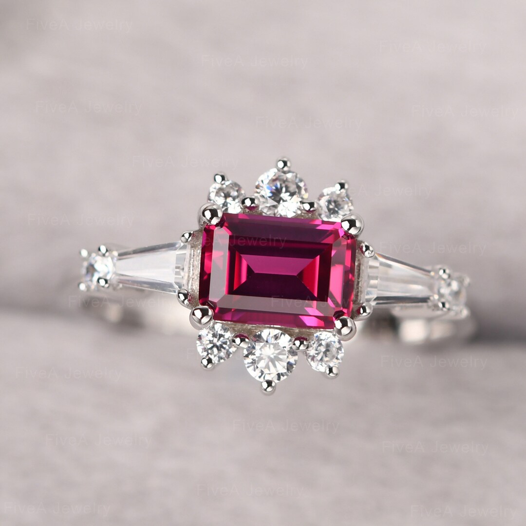 Unique Cross Ring Emerald Cut Ruby Proposal Ring Sterling Silver Half ...