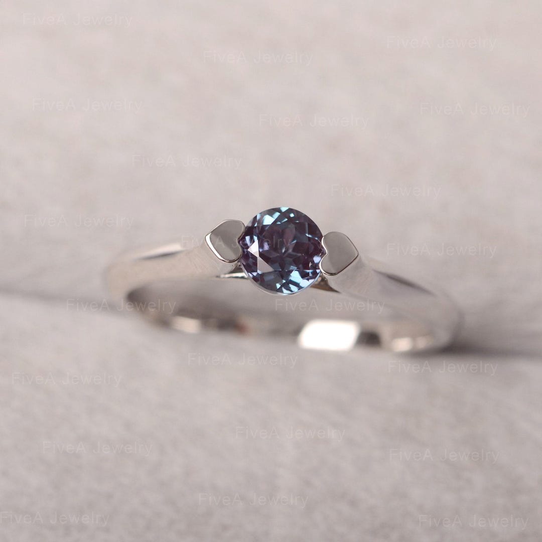 Alexandrite Ring Round Cut Solitaire Engagement Ring for Women Simple ...