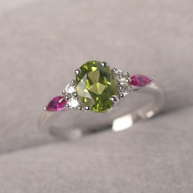 Green Peridot and Ruby Ring Sterling Silver Anniversary Ring - Etsy