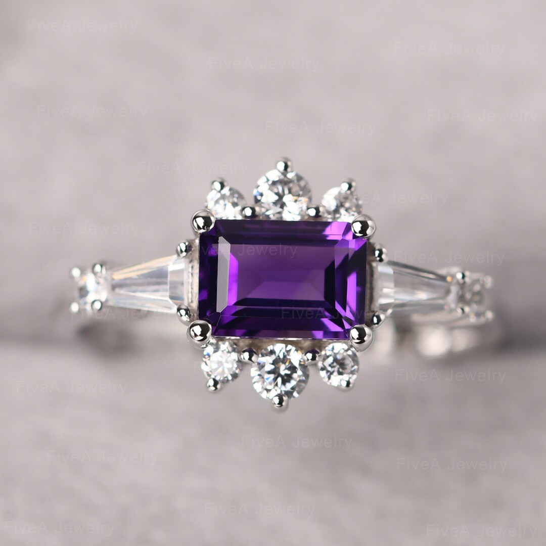 Unique East West Ring Emerald Cut Amethyst Statement Ring Sterling ...