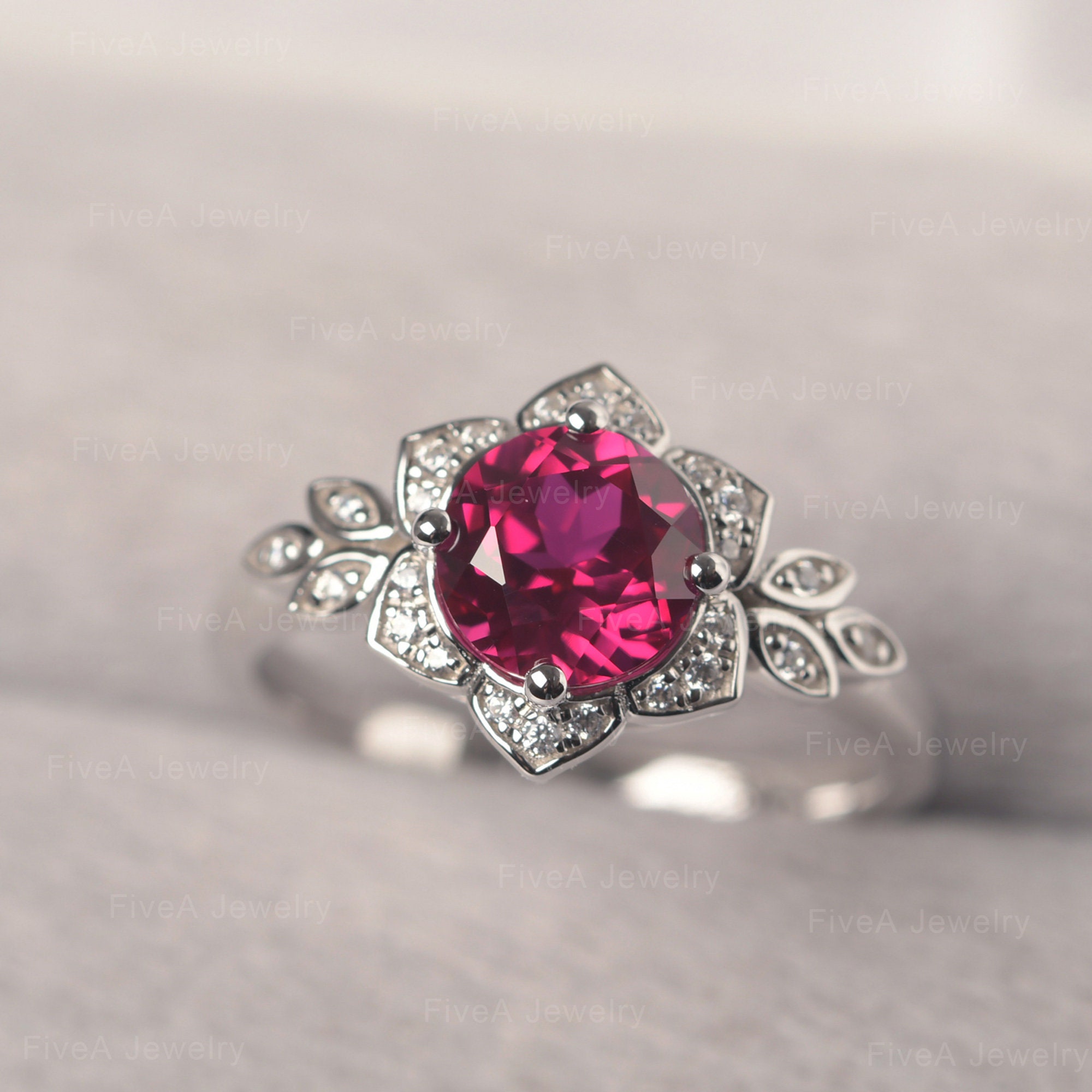 Red Ruby Flower Engagement Ring Round Cut July Birthstone Ring - Etsy