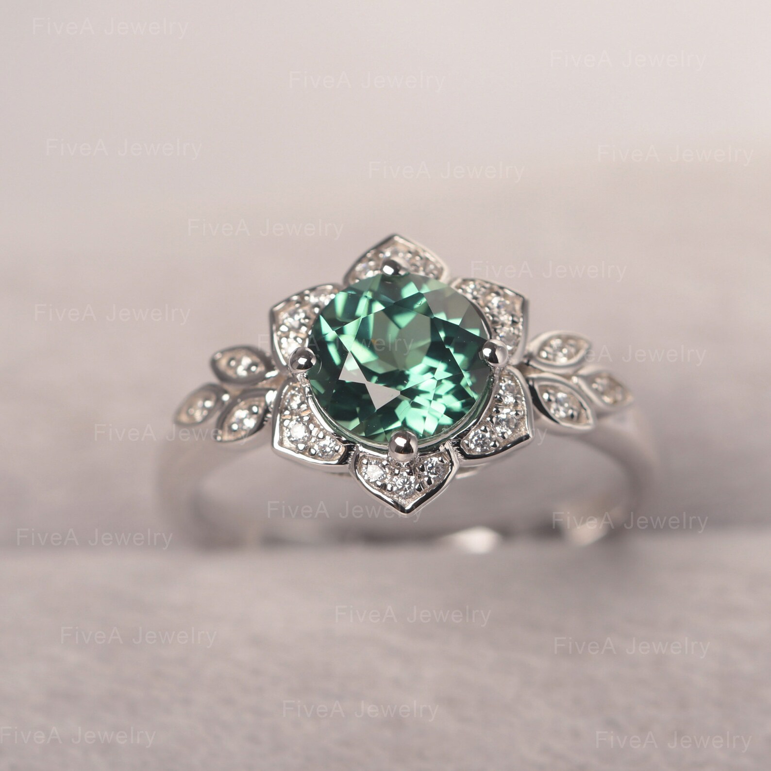 Lab Green Sapphire Flower Engagement Ring White Gold Round Cut - Etsy