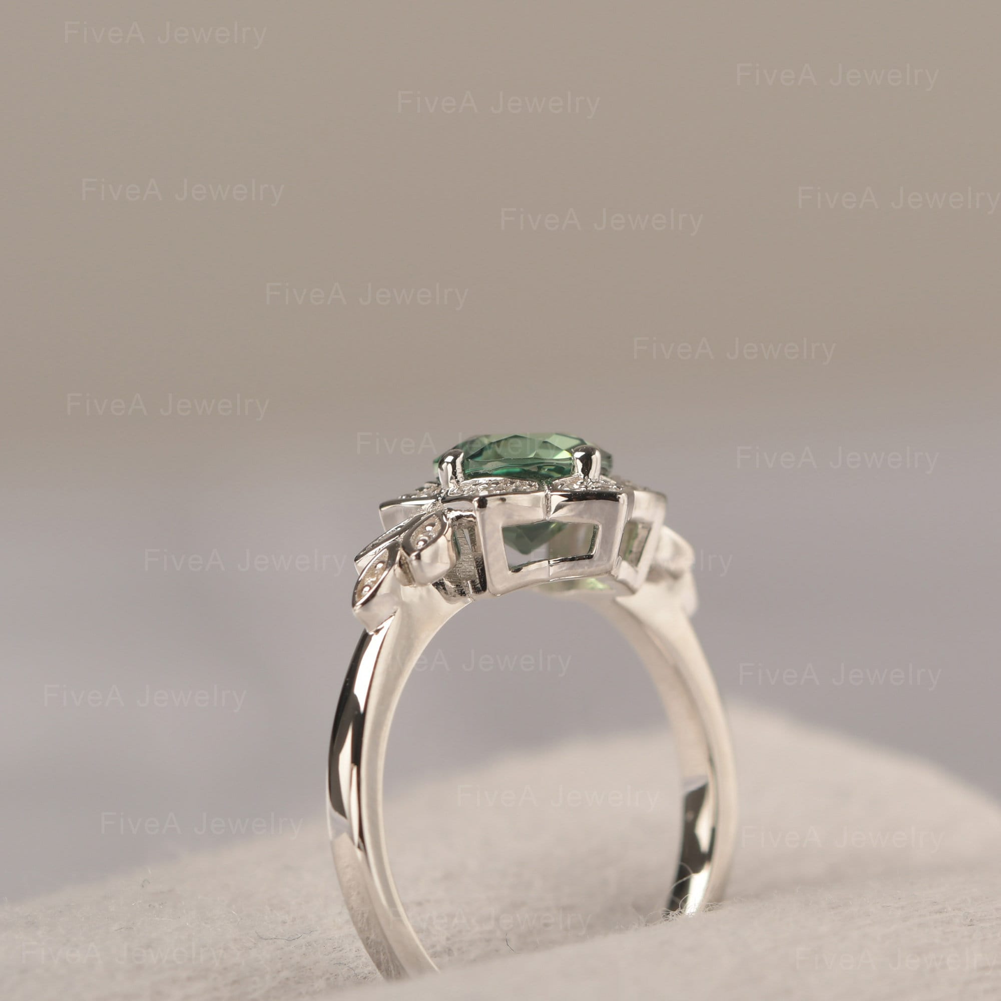 Lab Green Sapphire Flower Engagement Ring White Gold Round Cut - Etsy