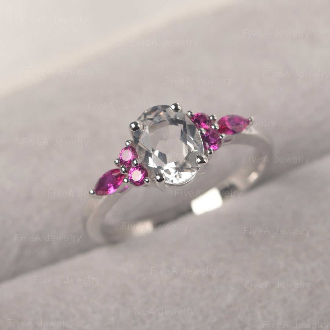 White Topaz and Ruby Ring Oval Cut Simulated Diamond Ring Sterling ...