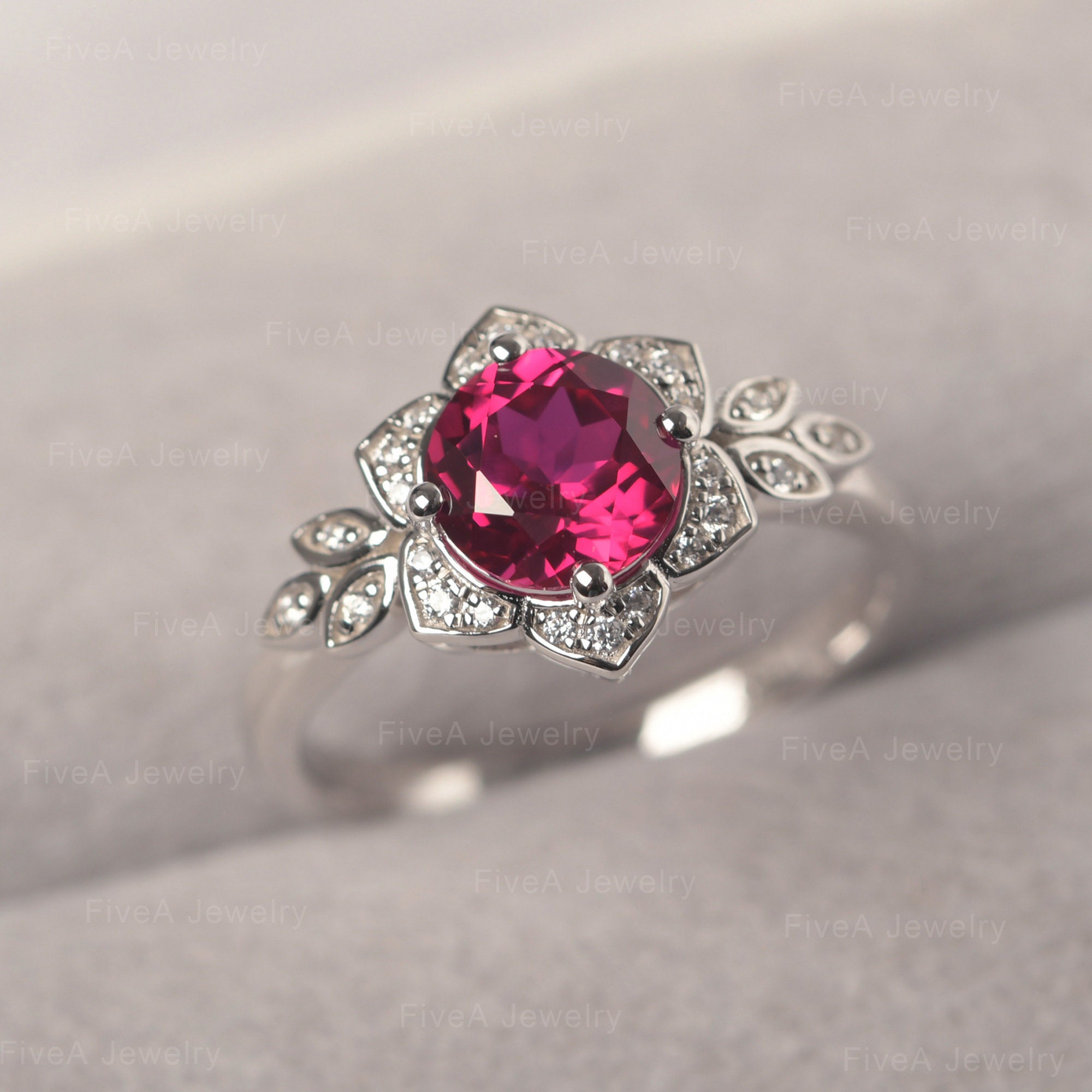 Red Ruby Flower Engagement Ring Round Cut July Birthstone Ring - Etsy