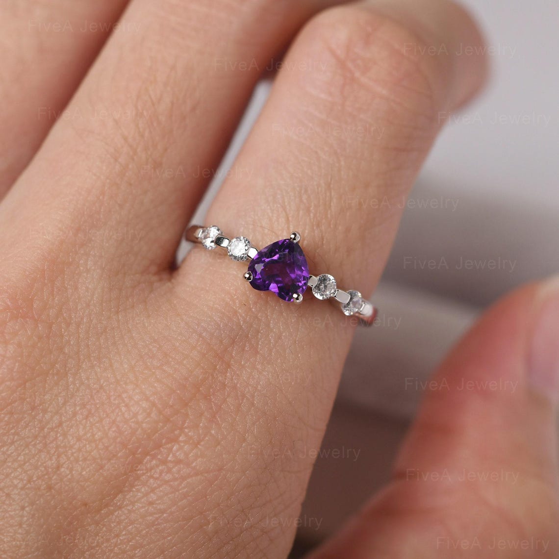 Heart Shaped Amethyst Promise Ring Solid Silver Purple Stone February ...