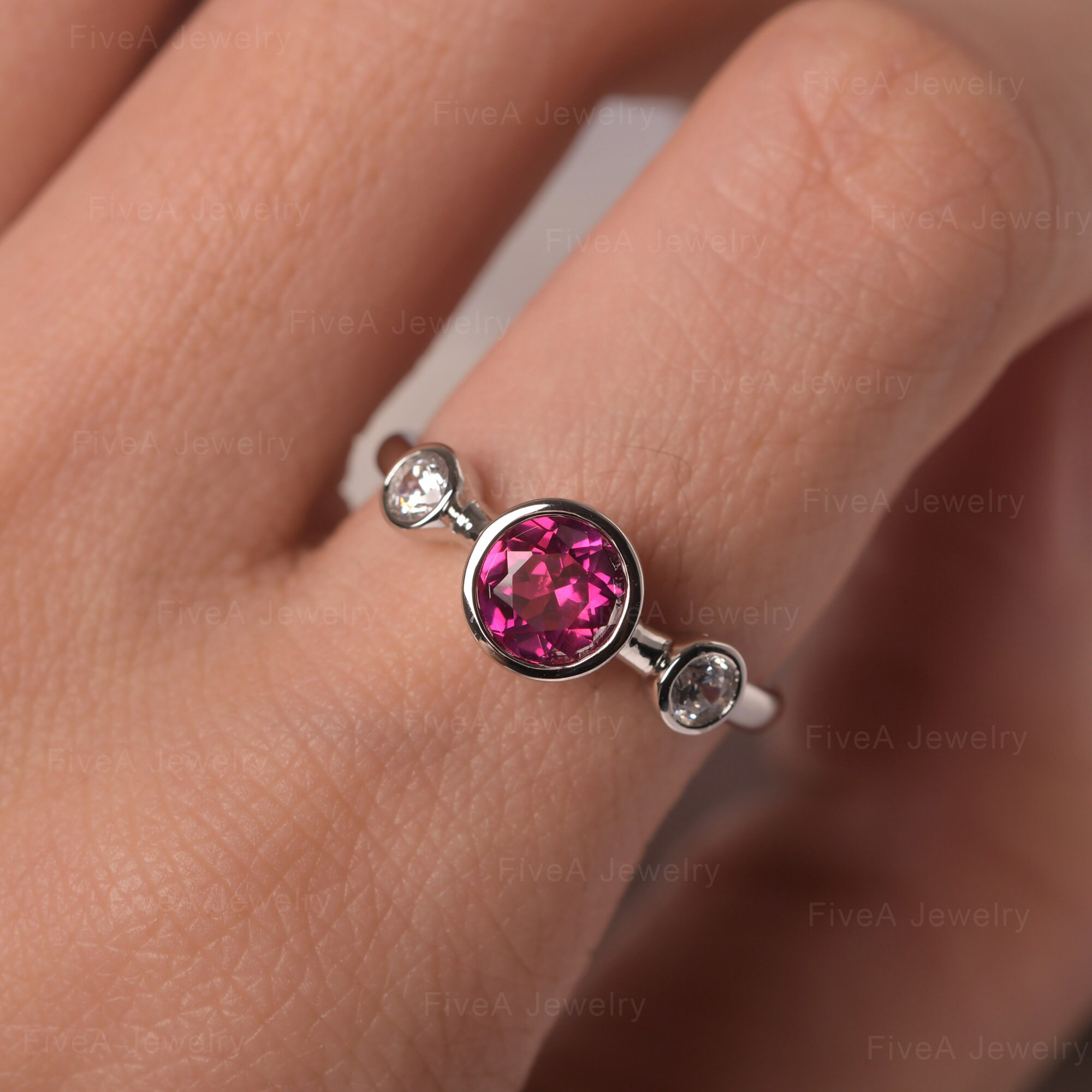 Red Ruby Ring White Gold Anniversary Ring Round Cut Bezel Set | Etsy