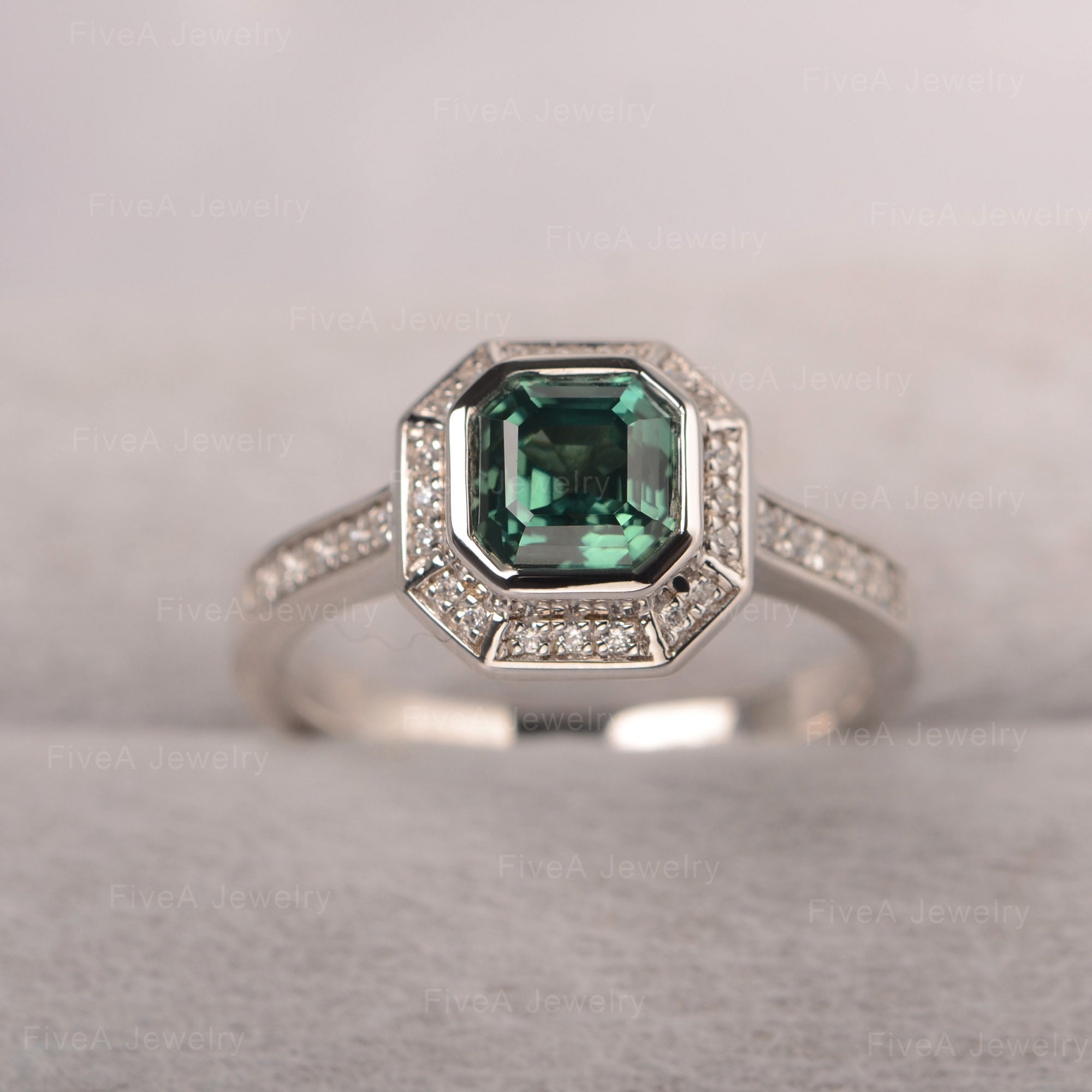 Green Sapphire Ring Vintage Asscher Cut Halo Ring Bezel | Etsy