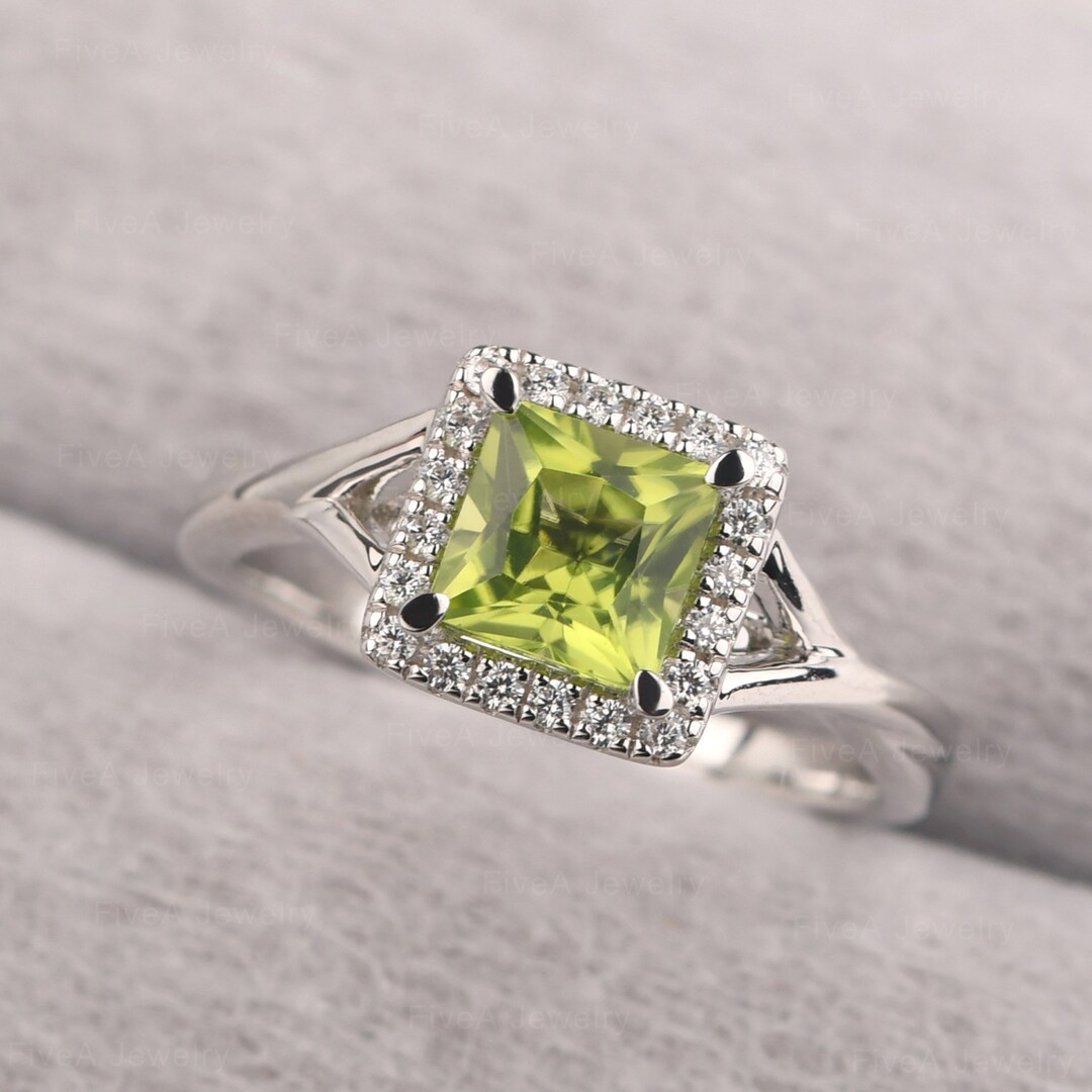 Halo August Birthstone Ring Princess Cut Peridot Ring Sterling Silver ...