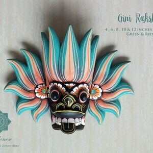 Ceylonese Wooden Hand Carved Traditional Gini Raksha fire Demon Mask ...