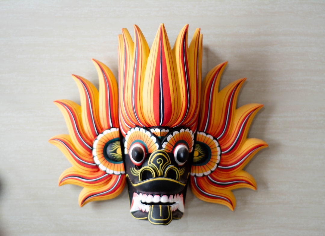 Ceylonese Wooden Hand Carved Traditional Gini Raksha fire Demon Mask ...