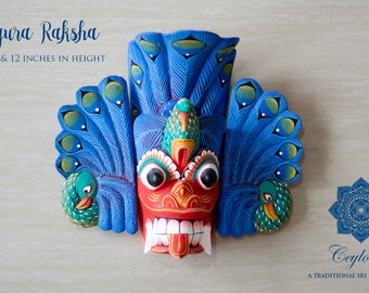 Sri Lankan Wooden Hand Carved Traditional Mayura Raksha peacock Devil ...