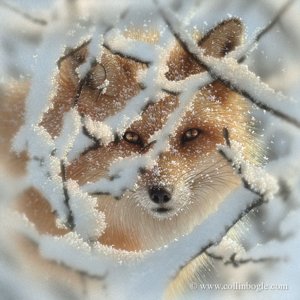 Winter Fox Painting, Fox in Snow Print, Red Fox Wall Art, Hidden Fox ...