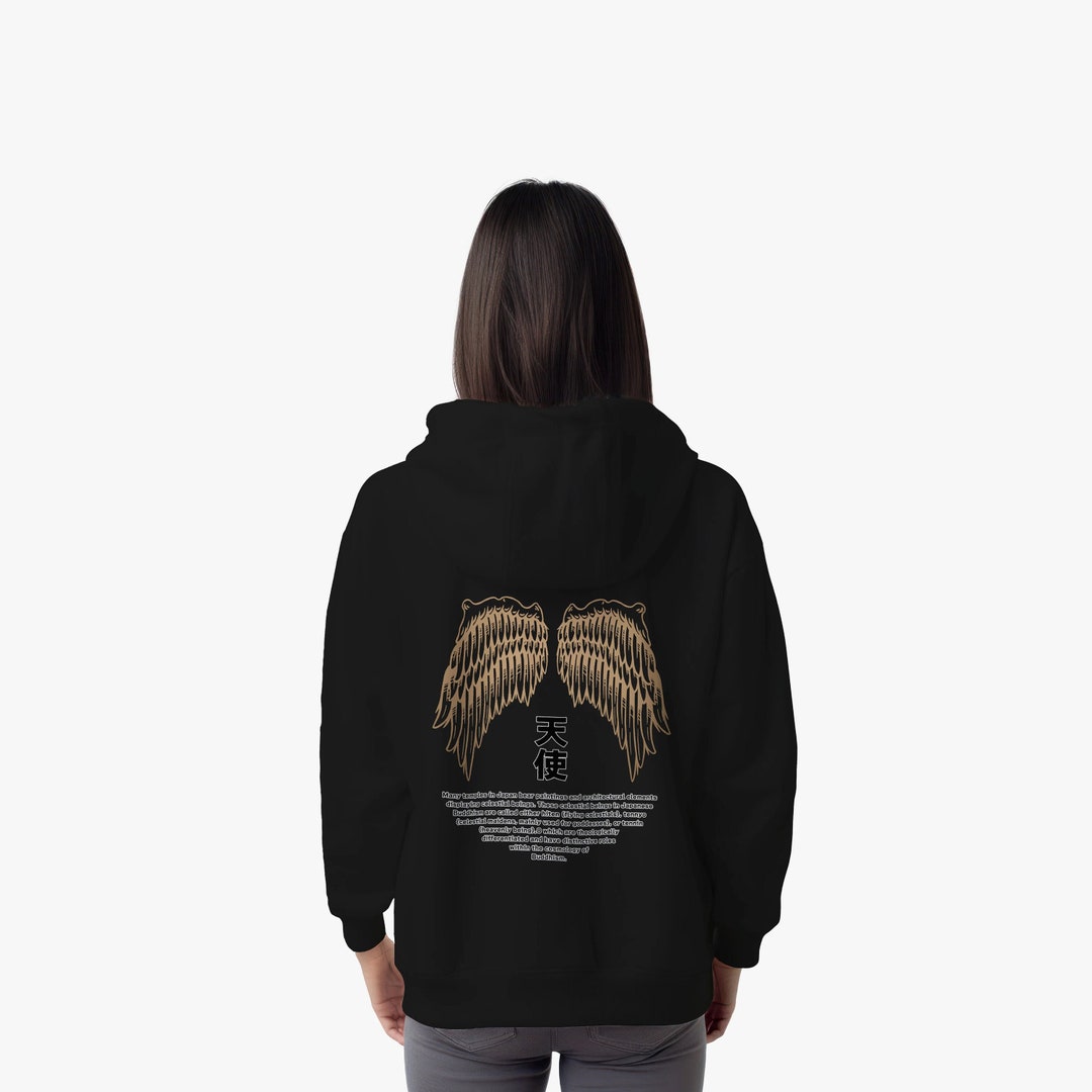 Unisex Techwear Hoodie With Angel Wings Graphic, Aesthetic Harajuku ...