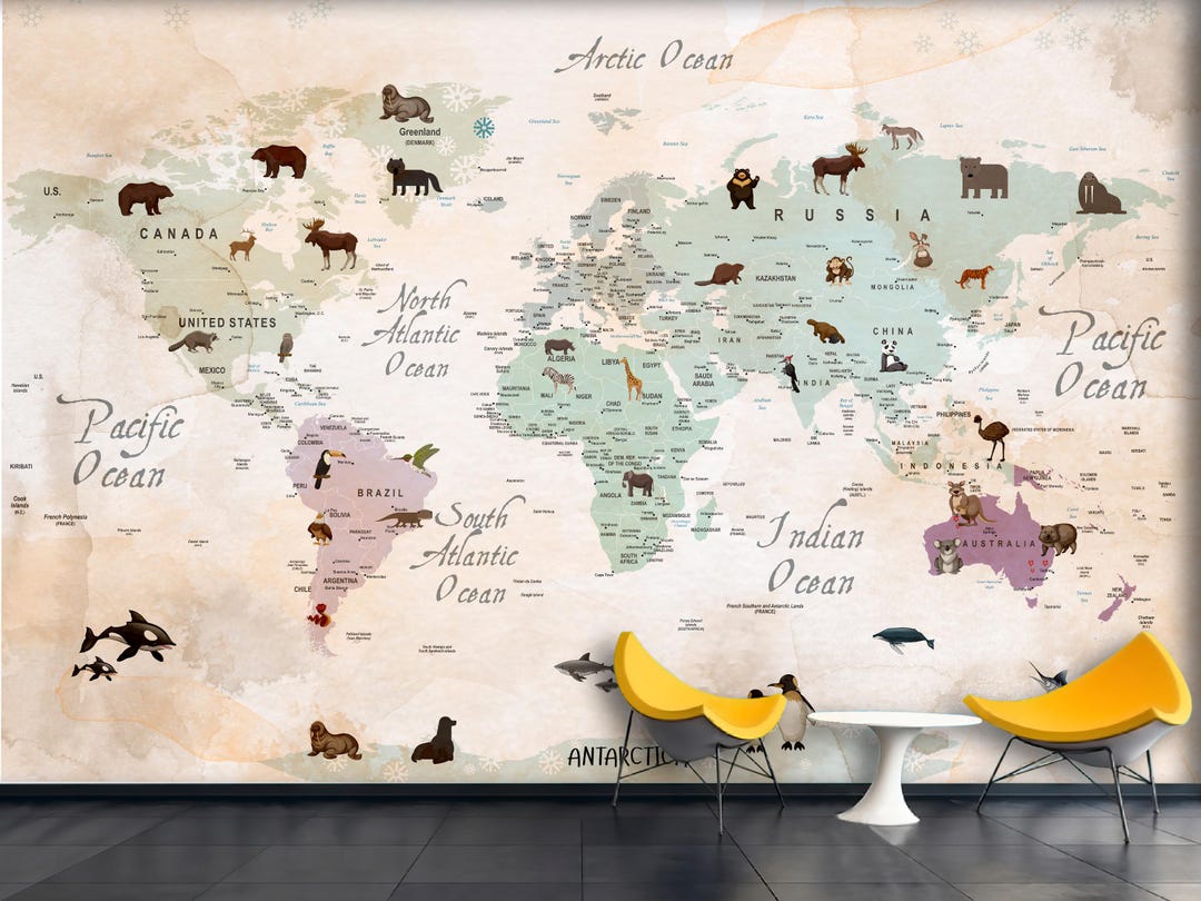 Colorful Kids World Map Mural - Fun and Educational Peel and Stick ...