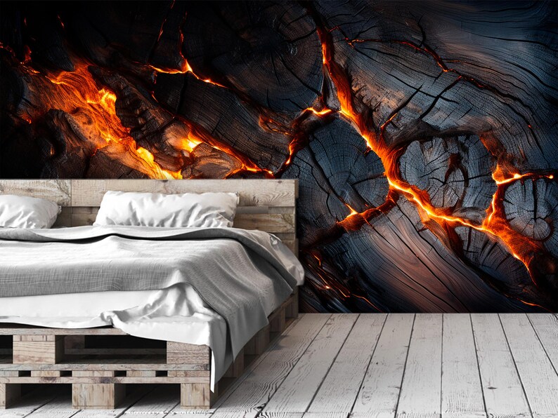 Wallpaper Burning Wooden Wall, Wall Mural - Etsy