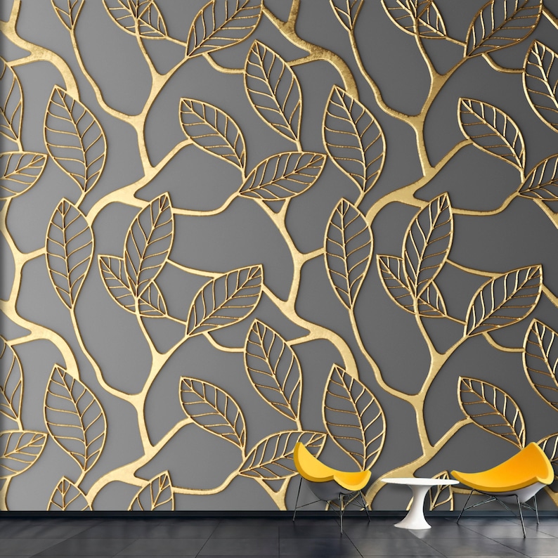 3D Wallpaper Yellow Leaves and Branches on a Gray Background Wall Art ...