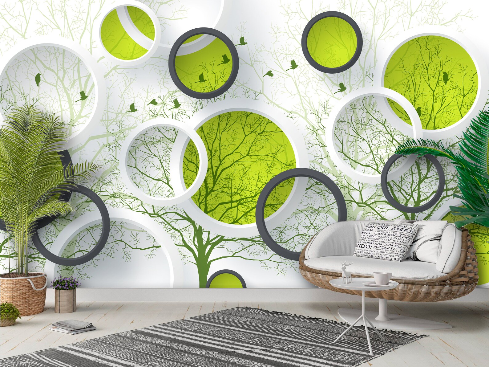 Collage Flock of Birds Trees Rings Abstract Wallpaper Peel - Etsy