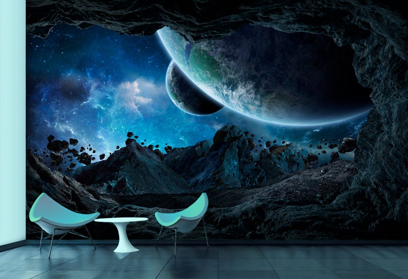 Wallpaper Space Blue Planets Wall Art Mural - Etsy